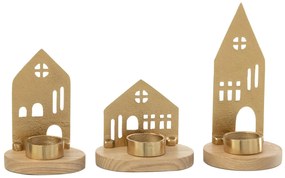 Set 3ks svícen domek na čajovou svíčku House gold - 9*9*19 cm