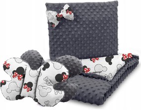 Dětská deka do kočárku s polštářkem a motýlkem - BABYMAM PREMIUM set 3v1 - Myška Minnie s grafitovou minky