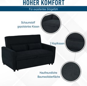 HOMCOM Rozkládací pohovka 2místná s funkcí spánku nastavitelný úhel látková pohovka černá 148 x 82 x 89 cm do obývacího pokoje | Aosom.de