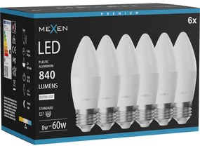 Mexen Nova 6x LED žárovka E27, C37, 8W, Neutrální - 4000K, 840 lm - L102-E27-0840-01x06