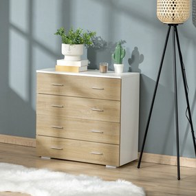 HOMCOM Komoda se 4 šuplíky - Moderní pomocný úložný kabinet do ložnice, chodby nebo obývacího pokoje, 76x35x72 cm, dub a bílá