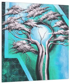 Orientální modrý obraz stromu a slunce (30x30 cm)