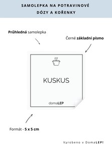 KUSKUS – průhledná samolepka na dózu, základní písmo, 5 × 5 cm
