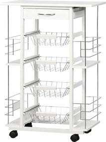 HOMCOM Kuchařský vozík na kolečkách s dlažkou a zásuvkou, 4 kovové košíky a 4 boční stojany na kořenky pro jídelnu, 57x37x83 cm Bílý
