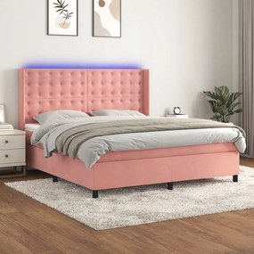 Box Spring Postel S Matrací A Led Samet Růžová tlačítka 160 x 200 cm
