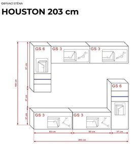 Ral Obývací stěna HOUSTON 1, 203 cm - Bílý lesk