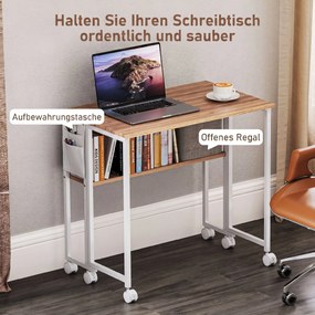 Skládací stůl HOMCOM s kolečky a policí - Kompaktní stůl s úložným prostorem pro notebook do malých prostor - 80x50x75 cm - Přírodní
