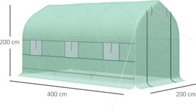 Zelený skleník Outsunny 4x2x2 m s 6 propustnými okny a zipovým rolovacím dveřmi pro pěstování rostlin a zeleniny