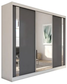 Skříň s posuvnými dveřmi a zrcadlem GRACJA + Tichý dojezd, 240x216x61, bílá/grafit