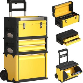 HOMCOM Mobilní Stohovatelná Toolbox 3-in-1 s Kolečky, Ocelový Nástrojový Vozík s Telescopickou Rukojetí, Žlutá a Černá | Aosom