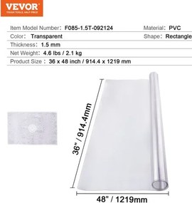 PVC chránič stolu 91,4 × 121,9 cm průhledný plastový o tloušťce 1,5 mm