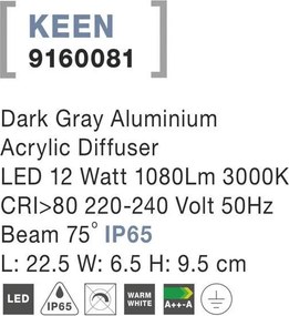 NV 9160081 Venkovní nástěnné svítidlo KEEN tmavě šedý hliník akrylový difuzor LED 12W 3000K 220-240V 75st. IP65 - NOVA LUCE