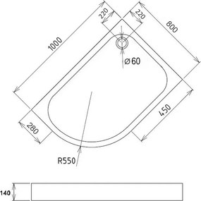 LOR 100x80 Pravá Sprchová vanička asymetrická, akrylát