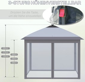 Skládací altán Outsunny 3,3x3,3 m s LED USB, vyskakovací, s bočními stěnami ze síťoviny, ochrana proti slunci, tkanina Oxford šedá, ideální pro zahra…