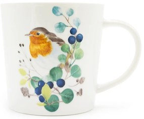 Porcelánový hrnek Červenka, bílý, 400 ml – motiv červenky, zelených lístků a bobulí