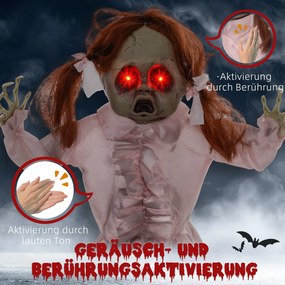 HOMCOM Hororová panenka, halloweenská dekorace, aktivována zvukem/ dotykem, červené oči, zvuk, 76 cm