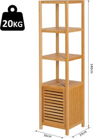 HOMCOM Koupelnová skříňka Koupelnová skříňka se 3 otevřenými přihrádkami z bambusu, toaletní skříňka přírodní 36x33x140cm pro optimální skladování | …