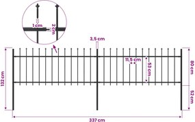 Zahradní plot s kopím nahoře ocelový 337 x 80 cm černý 277603