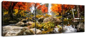 Gario Obraz s hodinami Podzimní vodopád - 3 dílný Rozměry: 80 x 40 cm