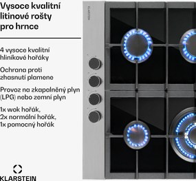 Klarstein Alchemist, plynová varná deska, 4 hliníkové hořáky, sklokeramika, černá
