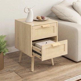HOMCOM Set 2 Nočních Stolků, Boční Stoly, 2 Zásuvky s Ratanovými Předními Stranami, Boho Styl, Noční Stolky, Nohy z Přírodního Borového Dřeva
