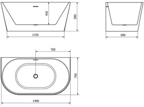 Mexen Oval, volně stojící nástěnná vana 140 x 75 cm, bílá, broušený grafit přepad, 52671407500-95