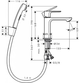 Hansgrohe Rebris E - Páková umyvadlová baterie 110 s ruční sprchou Bidette a sprchovou hadicí 160 cm, bez odtokové soupravy, chrom 72216000