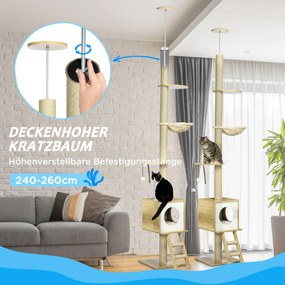 Škrabadlo PawHut 240-260 cm vysoké s domečkem pro kočky a houpací sítí ve světle hnědé a béžové barvě pro aktivní kočky |