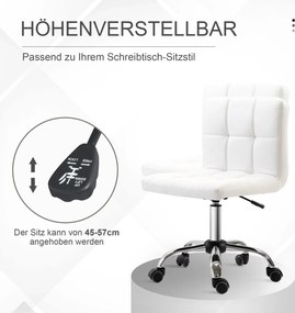 HOMCOM Kancelářská židle, ergonomická židle bez područek, výškově nastavitelná otočná židle, počítačová židle do kanceláře, studovny, umělá kůže, bílá