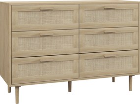 HOMCOM Skříňka s 6 zásuvkami a ratanovým předním panelem, rozměry 110 Š x 40 H x 75 V cm, vzhled světlého dřeva | Aosom