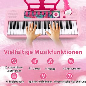 Costway Dětské elektronické piano s 37 klávesami a stoličkou, růžové
