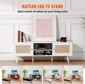Ratanový TV stojan pro 165,1 cm TV Boho TV stojan s vestavěnou zásuvkou bílá