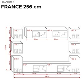 Ral Obývací stěna FRANCE 1, 256 cm - Černo-bílý llesk
