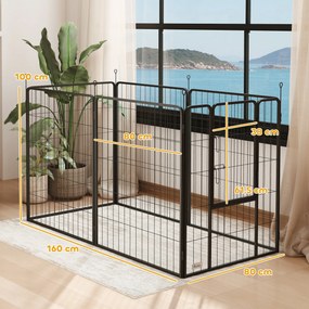 PawHut Cvičební výběh pro štěňata 100 cm vysoký, 6dílný psí výběh DIY s dveřmi, volně se pohybující voliéry pro malé, střední a velké psy, ocel, šedá