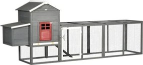 PawHut velký dřevěný kurník 300x66x116 cm s hnízdním boxem, výběh, vysouvací zásuvka, bitumenová střecha, rampa, šedá