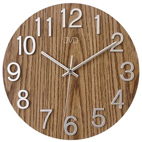 JVD Skleněné hnědé kulaté čitelné nástěnné hodiny v imitaci dřeva JVD HT98.9
