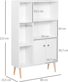 HOMCOM Skandinávská Knihovna s Úložným Prostorem, rozměry 80 Š x 23,5 H x 123 V cm, 5 nik, skříňka, 2 dveře, zúžené nohy z masivního borovicového dře…