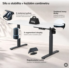 Elektrický stůl s nastavením výšky ergonomický antracitově-bílý, 1400x700 mm: ARIA