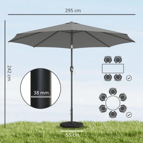 Slunečník cca Ø300 cm sklápěcí Balkonový slunečník s kličkou Křížový podstavec Pytlík na písek, UV 30+ Zatahovací Tmavě šedý