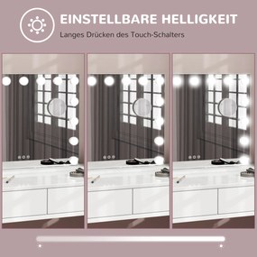 HOMCOM LED kosmetické zrcadlo, 3 režimy světla, stmívatelné, dotykové ovládání, USB, 58x48cm, bílá