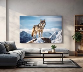 Obraz na plátně - Vlk hlídkuje na skále za krásného horského dne FeelHappy.cz Velikost obrazu: 180 x 120 cm