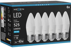 Mexen Nova 6x LED žárovka E27, C37, 5W, Studená - 6500K, 525 lm - L102-E27-0565-01x06
