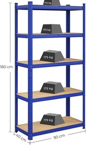 Velká nosná kovová úložná police, 5patrová salgó police 180x90x40, modrá