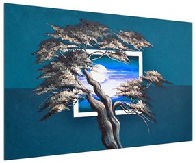 Modrý obraz stromu a východu slunce (120x80 cm)