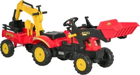 HOMCOM Šlapací traktor s přívěsem a čelním nakladačem, šlapací bagr pro děti od 3 let, červený, 179 x 42 x 59 cm, ideální pro zábavu a hry | Aosom.de