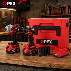 OPEX TOOLS Sada 2 v 1: vrták a šroubovák + akumulátový rázový klíč, 2x aku 21 v, 3 ah