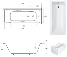 NIKIDO Akrylátová vana MODERN SLIM 140x70, 150x70, 160x70, 170x70, 180x80 Velikost: 180x80