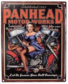 Barevná antik nástěnná kovová cedule Panhead Motor Works- 20*1*25 cm