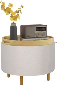 HOMCOM taburet Ø56 x 42 cm, kulatý čalouněný taburet s úložným prostorem a odklápěcím víkem, dřevěné nohy, ideální do obývacího pokoje a ložnice, bíl…