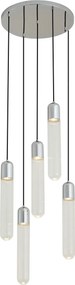 Design hanglamp chroom met ribbelglas 5-lichts - Walcott